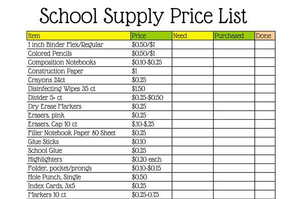 Back To School Price List